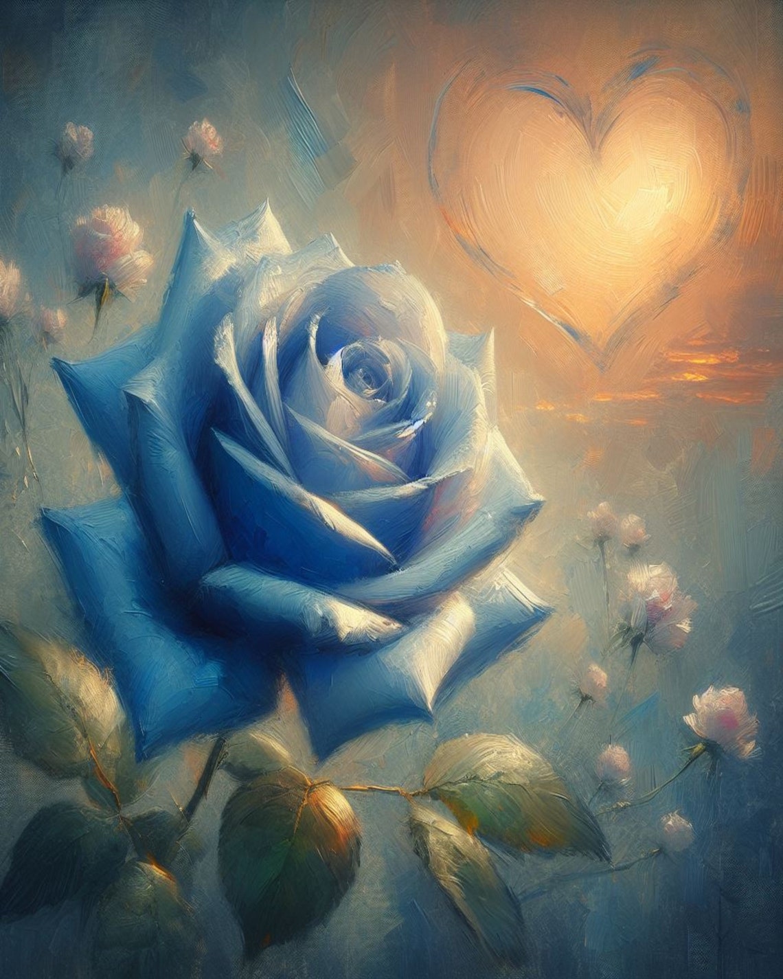 Blue Rose & Heart Oil Painting Love Inspired Wall Art Gift for Her ...