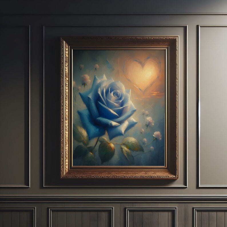 Blue Rose & Heart Oil Painting Love Inspired Wall Art Gift for Her ...