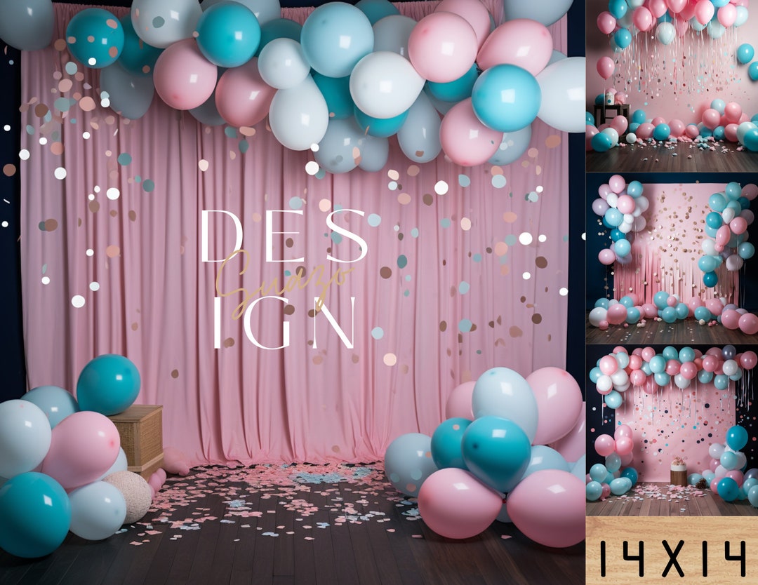 Gender Reveal Digital Backdrops, Balloon Confetti Party Backdrops ...