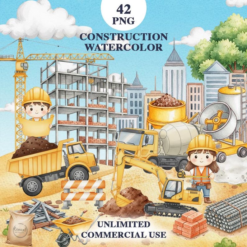 Cute Construction Watercolor Clipart Illustration: Dump Trucks ...
