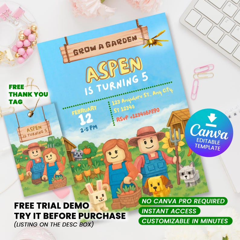 Editable Roblox Grow a Garden Birthday Invitation – Game Party Template ...