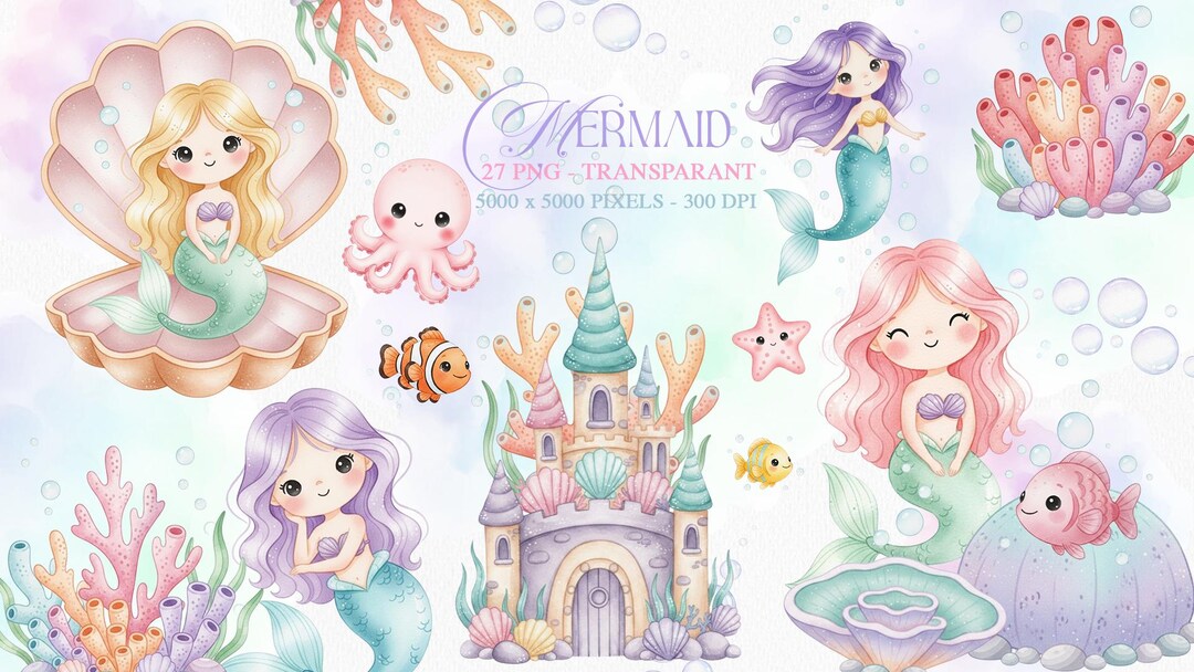 Little Mermaid Clipart, Little Sea Babies, Mermaid Castle. Under the ...