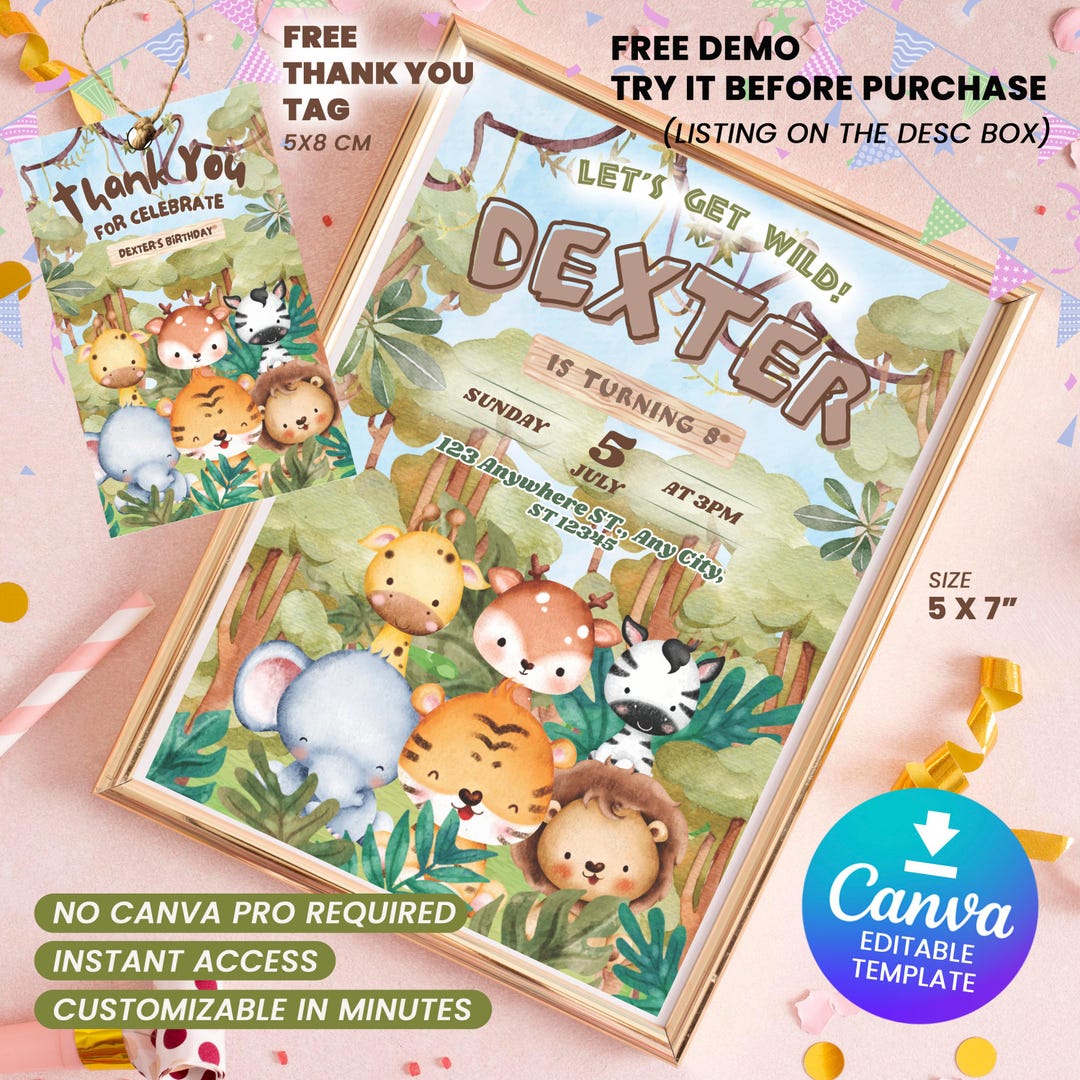 Editable Safari Jungle Watercolor Birthday Invitation – Jungle Party ...