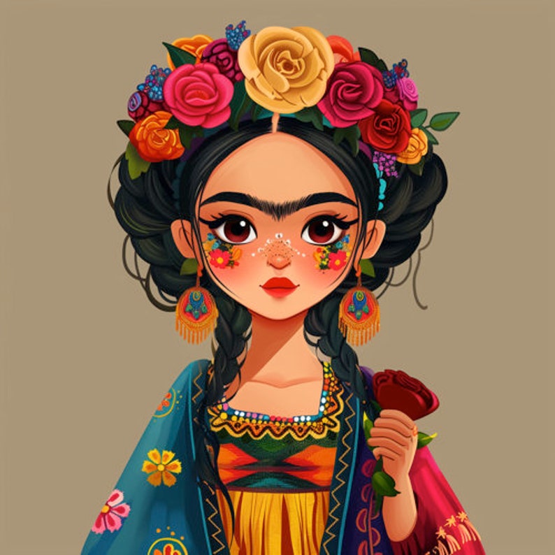 Frida Kahlo in Color: Whimsical Cartoon Digital Art - Etsy