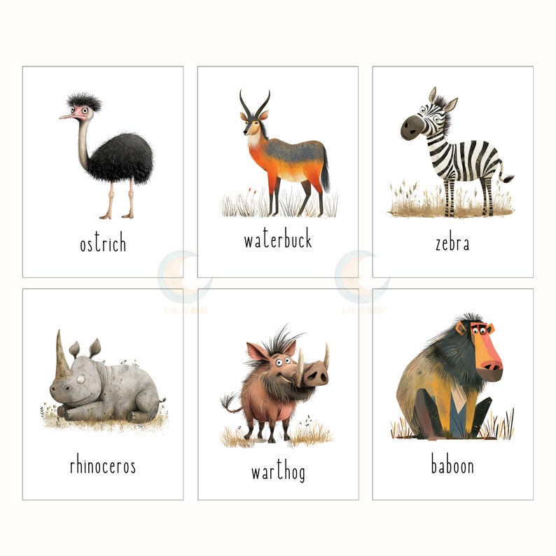 Flash Cards Safari Animal Printable Artistic Illustration for Kids ...