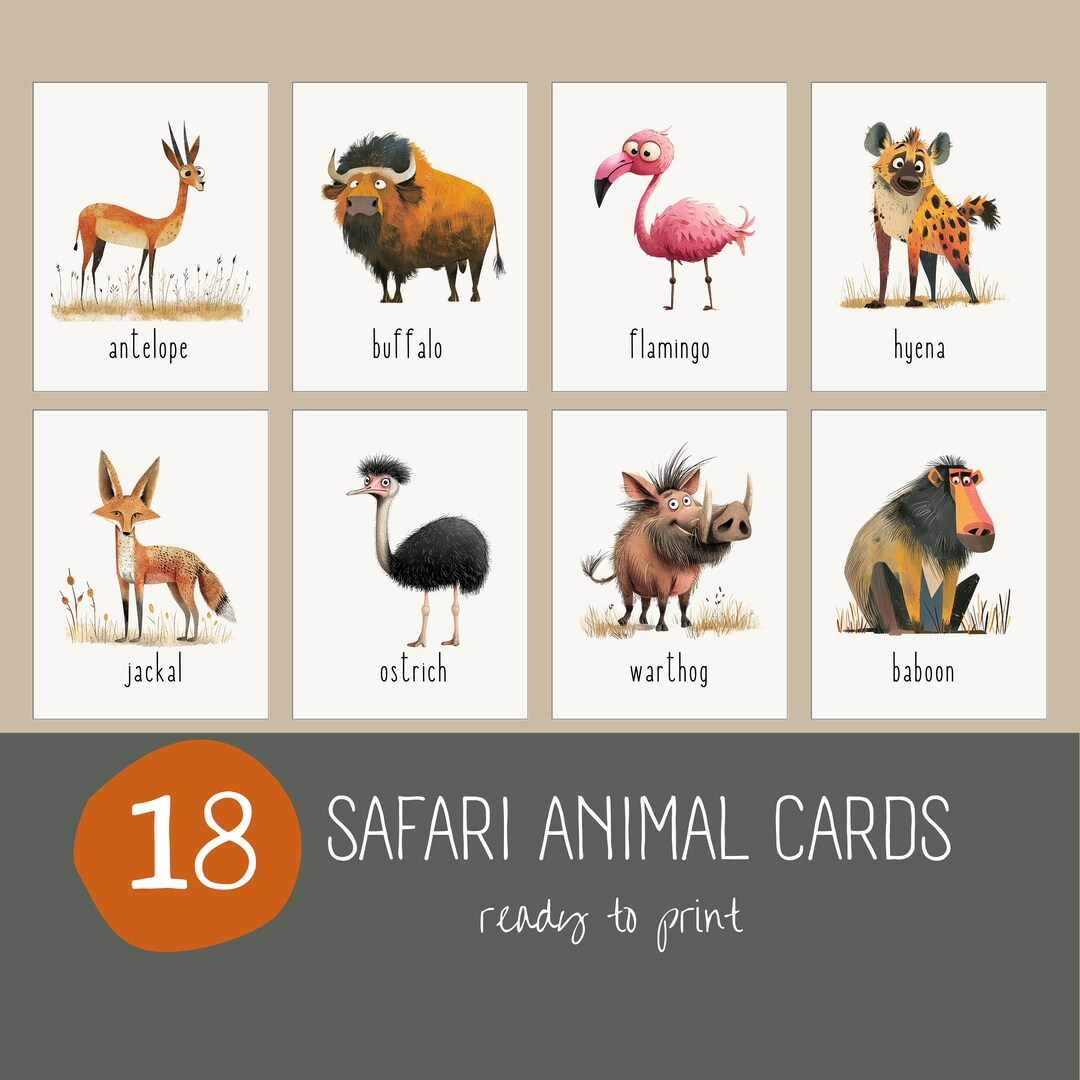 Flash Cards Safari Animal Printable Artistic Illustration for Kids ...