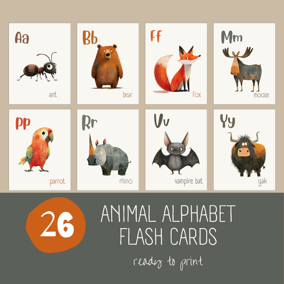 Alphabet Flash Cards A-Z Cute Animal Illustration Artistic Classroom ...