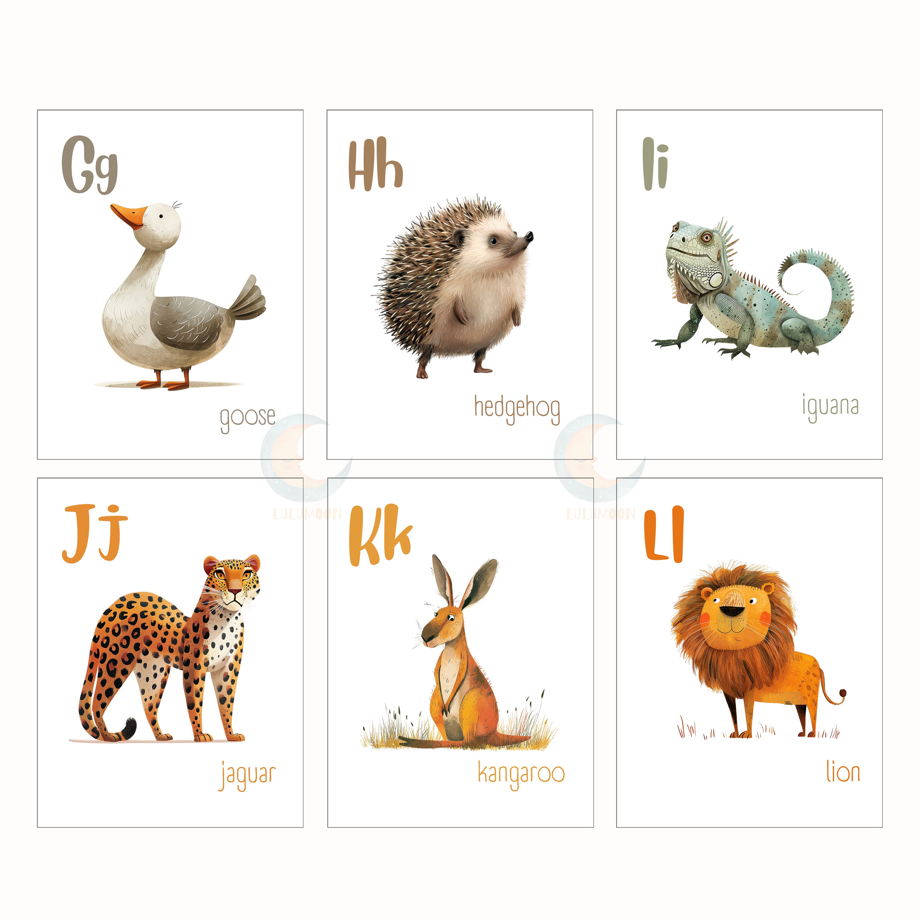 Alphabet Flash Cards A-Z Cute Animal Illustration Artistic Classroom ...