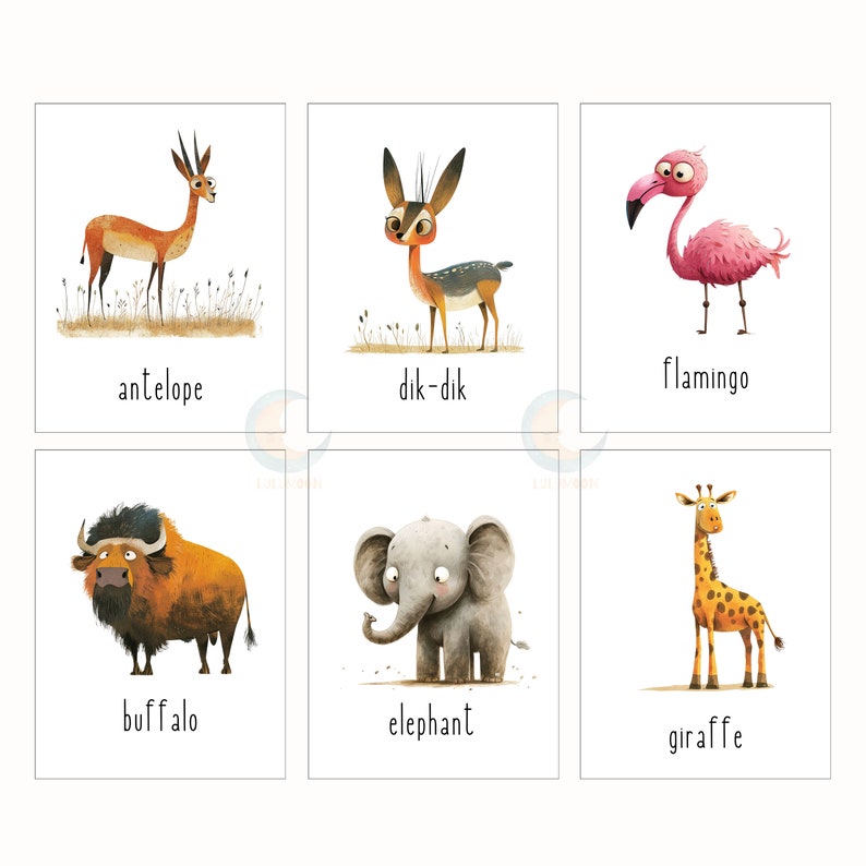 Flash Cards Safari Animal Printable Artistic Illustration for Kids ...