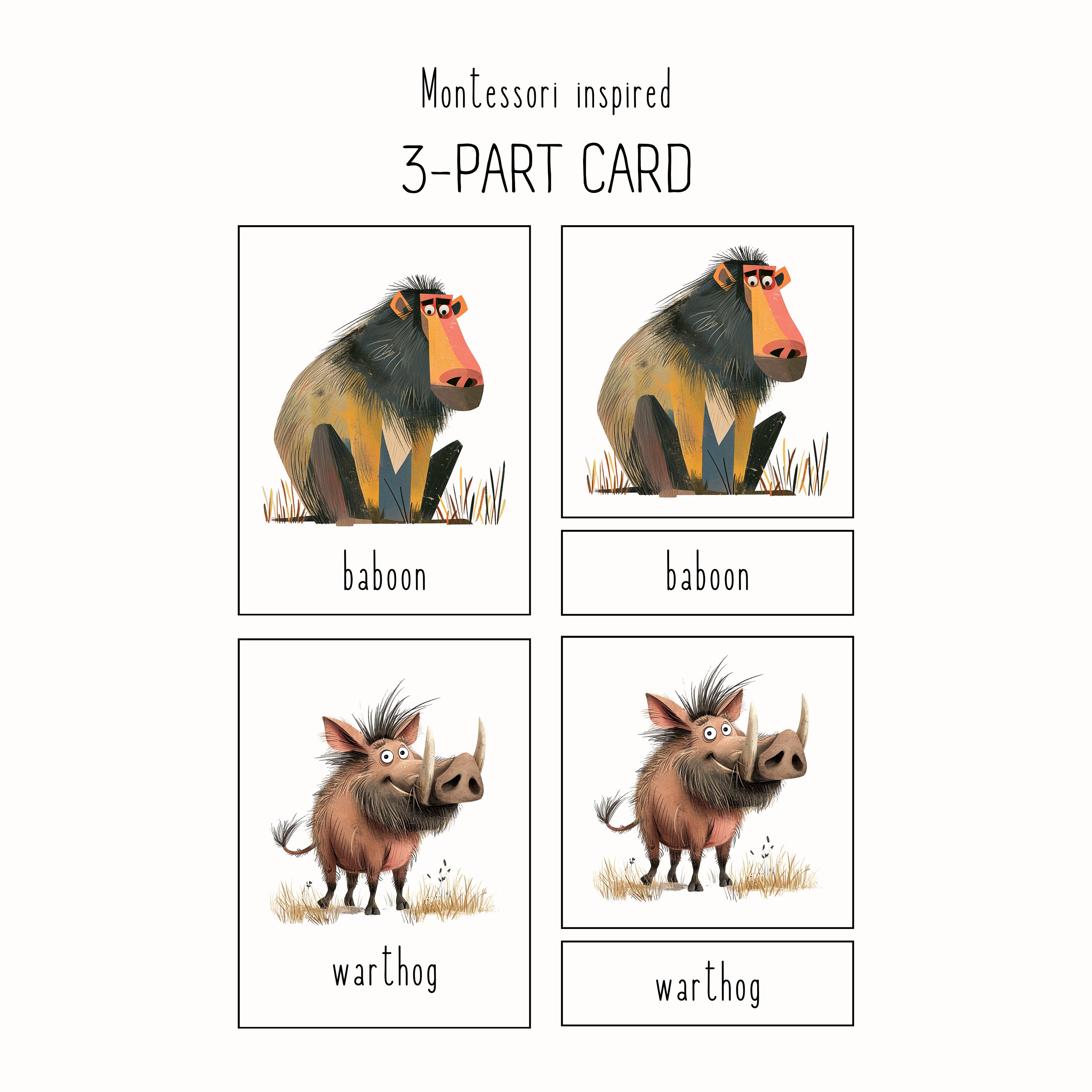 Flash Cards Safari Animal Printable Artistic Illustration for Kids ...