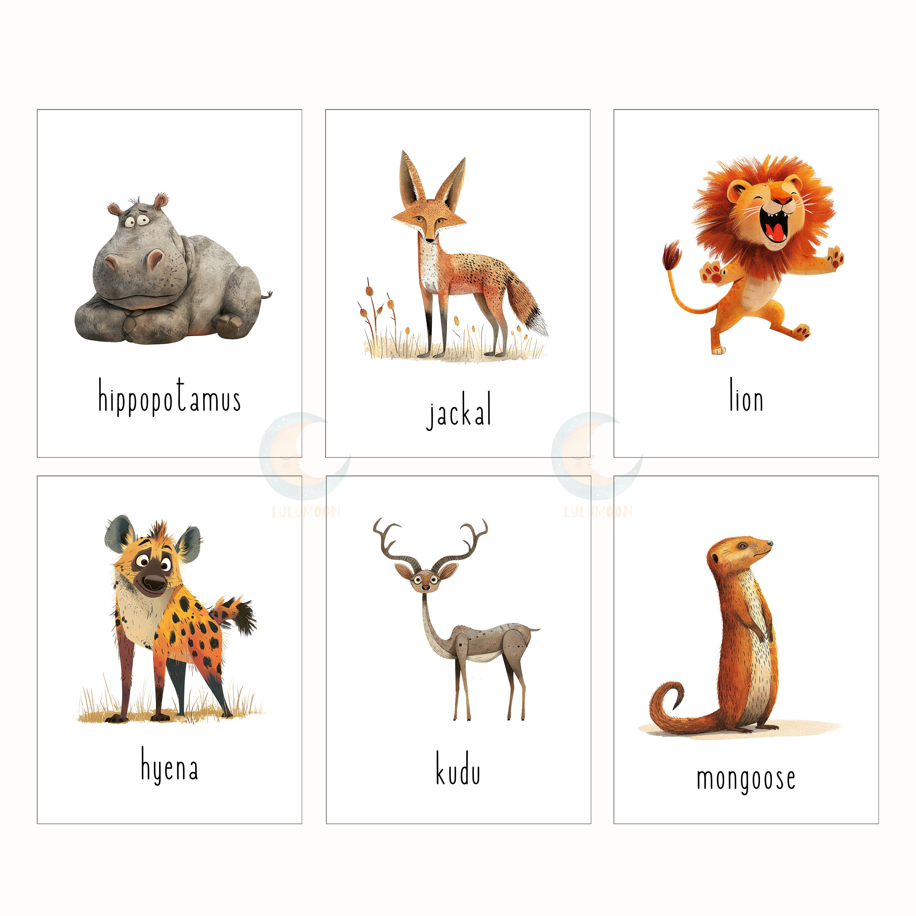 Flash Cards Safari Animal Printable Artistic Illustration for Kids ...