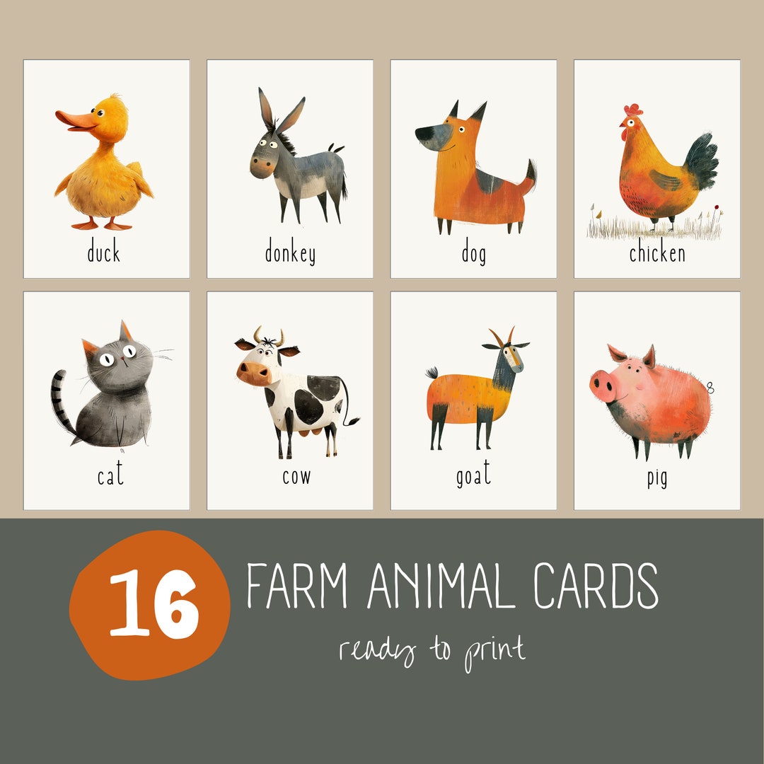 Flash Cards Farm Animal Printable Cute Animal Illustration for Kids ...