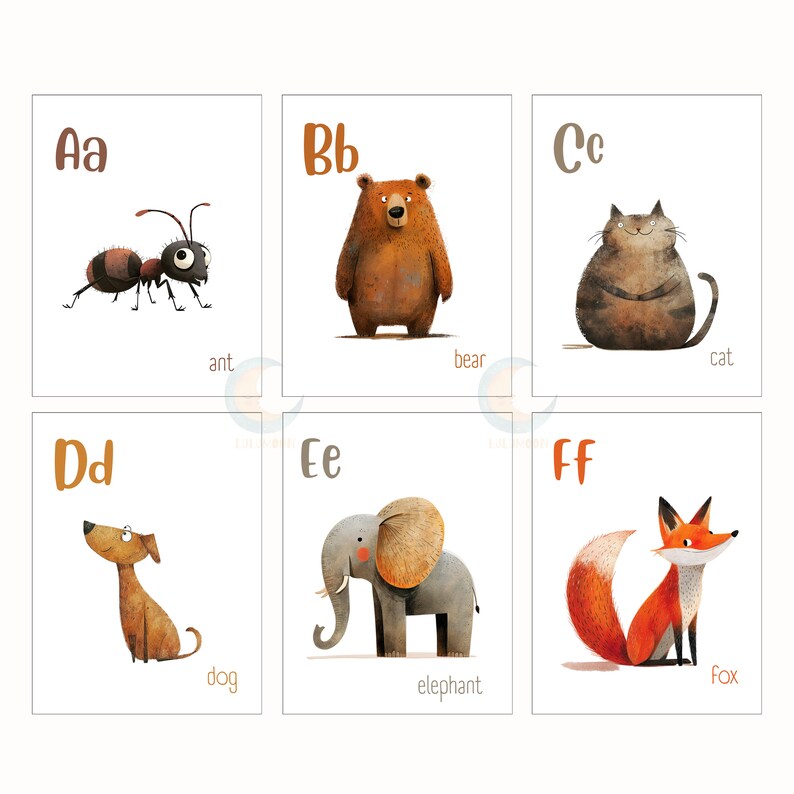 Alphabet Flash Cards A-Z Cute Animal Illustration Artistic Classroom ...