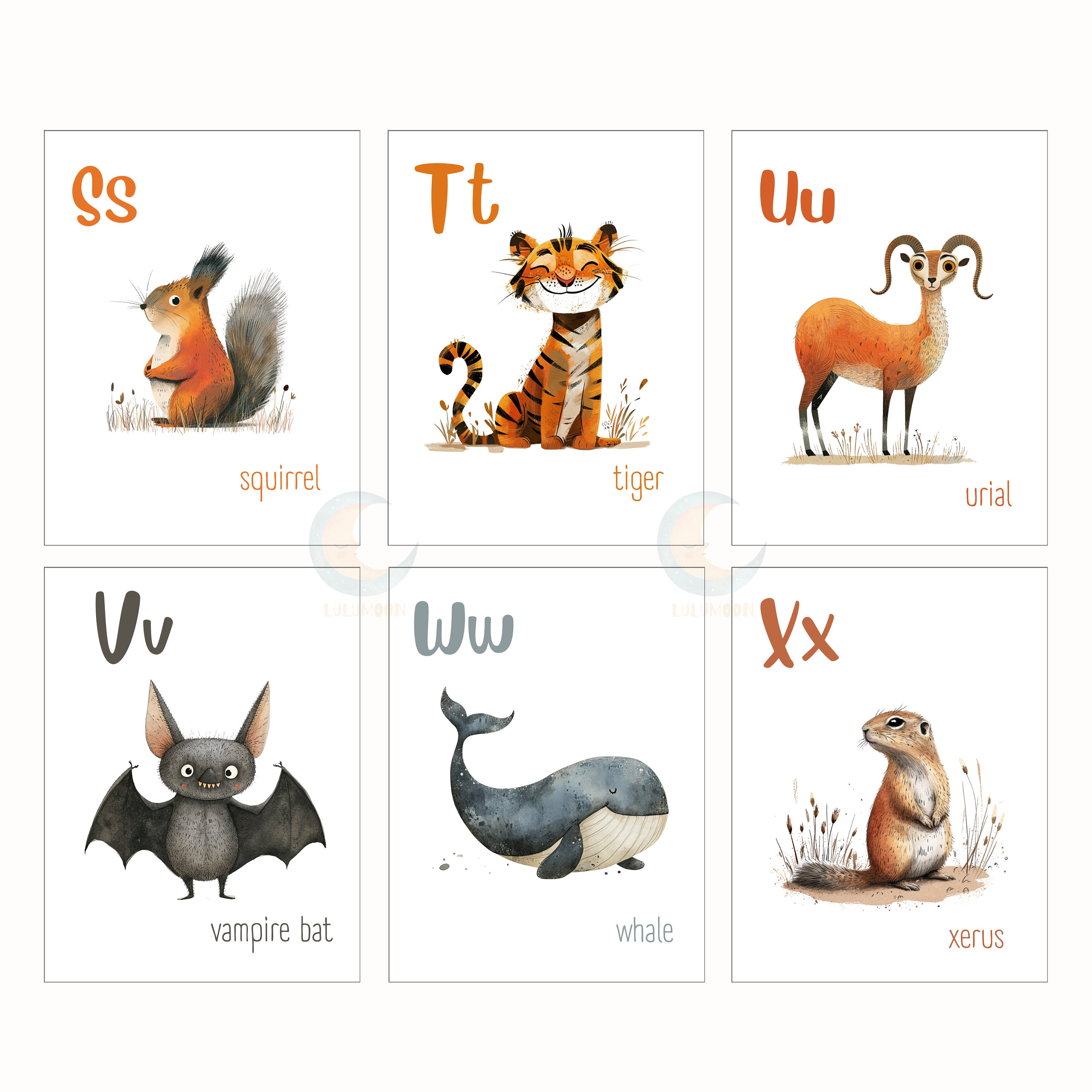 Alphabet Flash Cards A-Z Cute Animal Illustration Artistic Classroom ...
