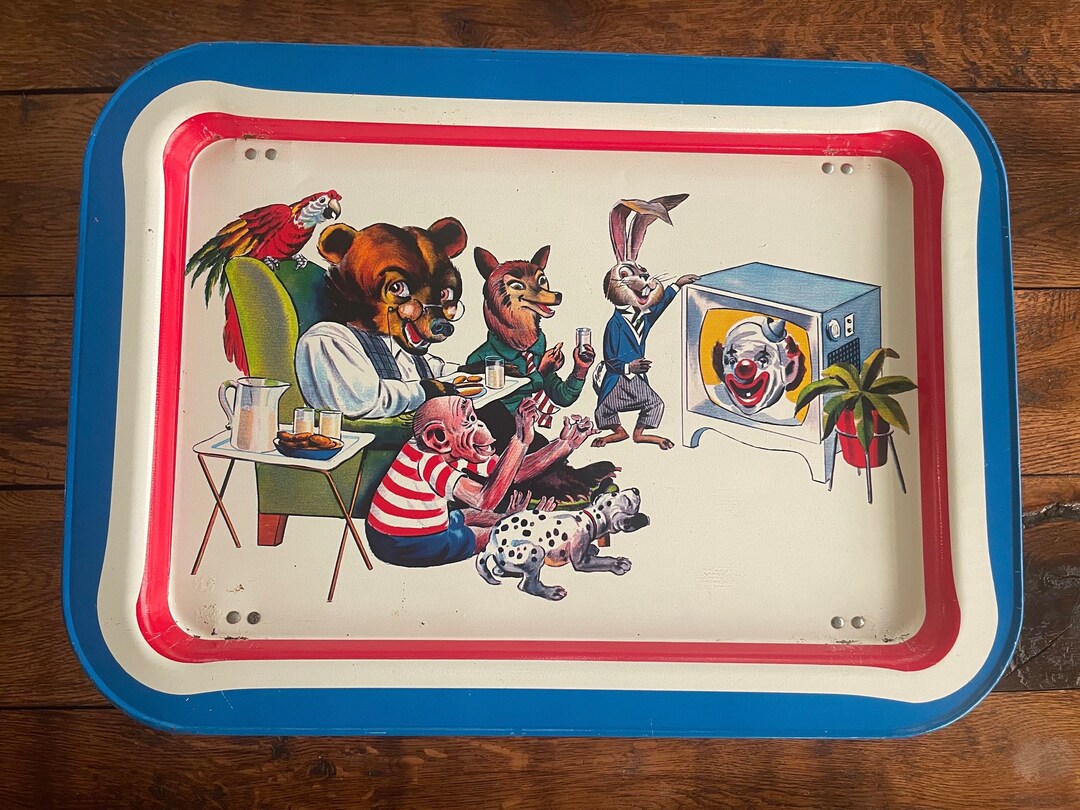 1950's Metal Tray of Animals Watching Clown on TV, Children's TV Dinner ...