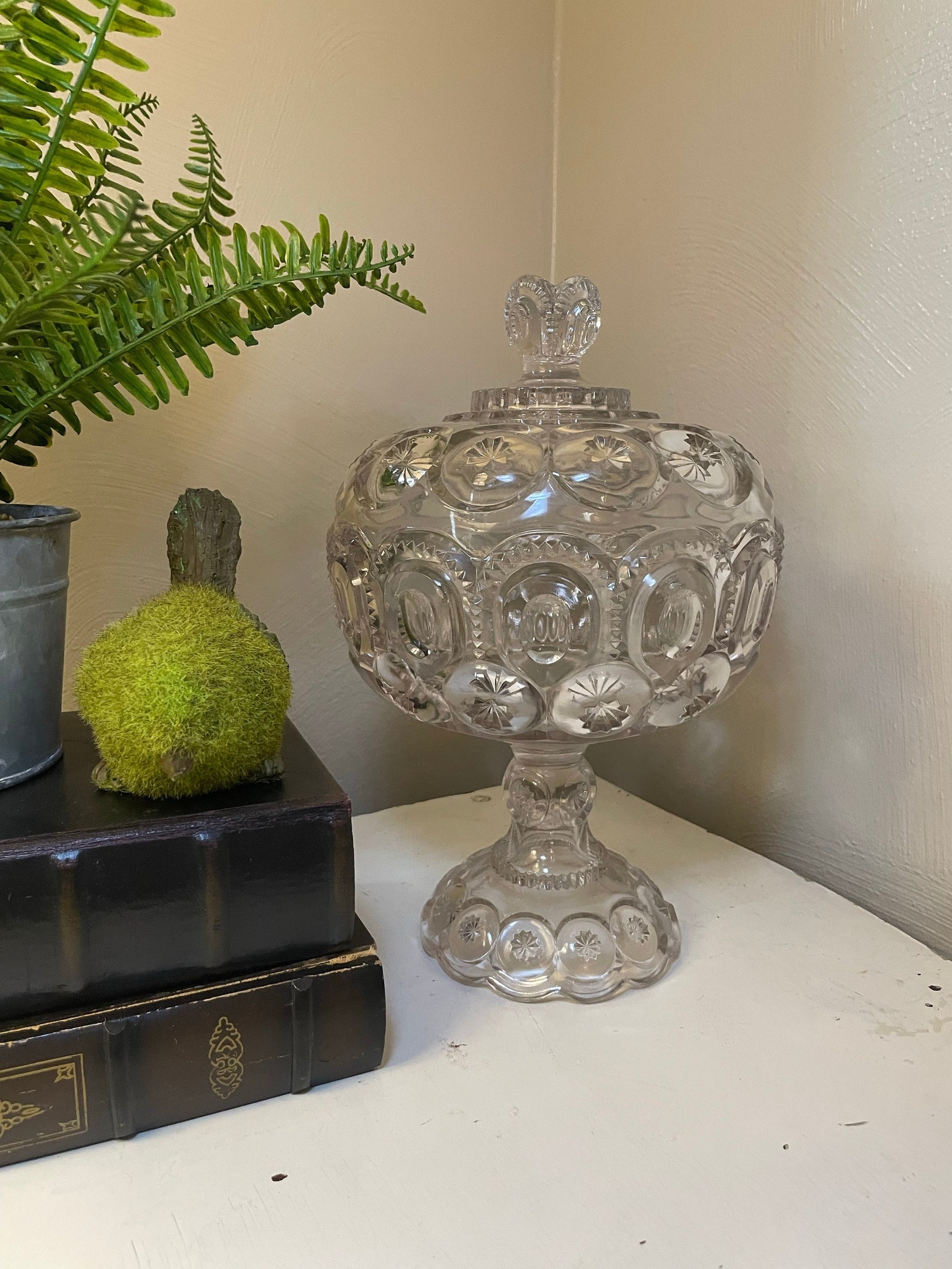 L.E. Smith 12" Clear Glass Moon and Stars Large Footed Compote/candy ...