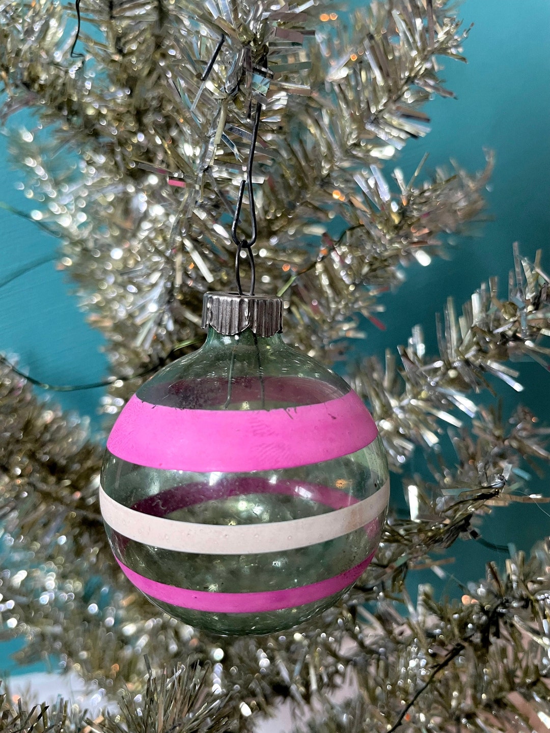 Vintage Unsilvered WW2 Pink & White Shiny Brite Ornament, Made in the ...
