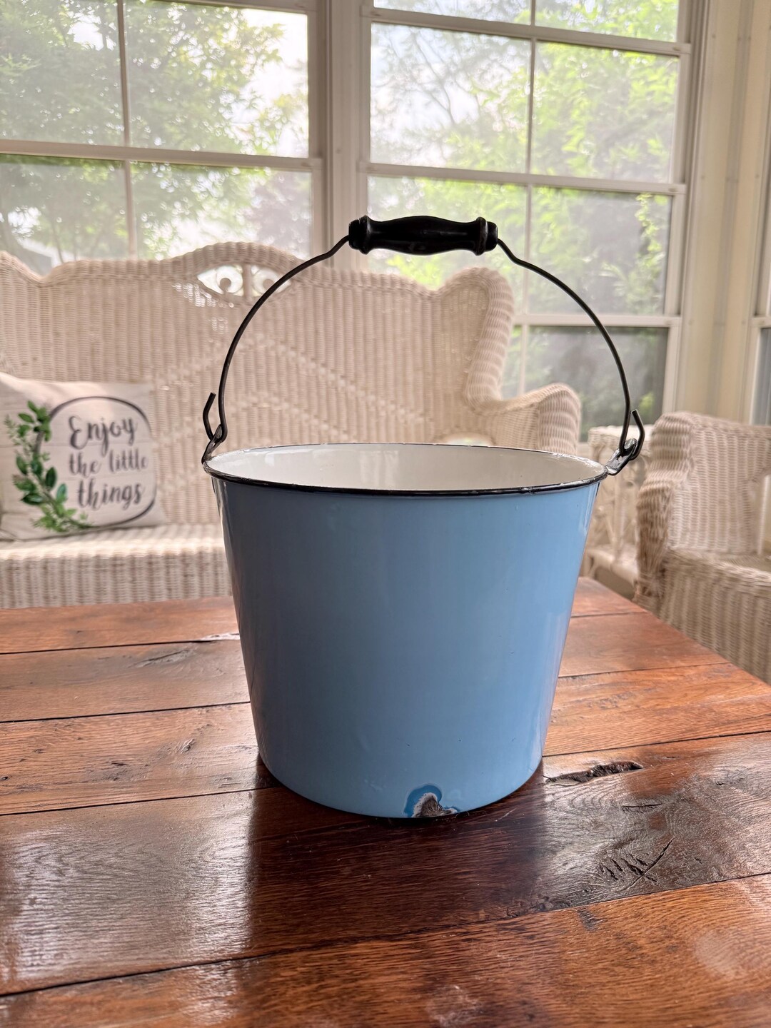 Vintage Robin's Egg Blue Enamel Milk Pail Bucket With Wooden Handle ...