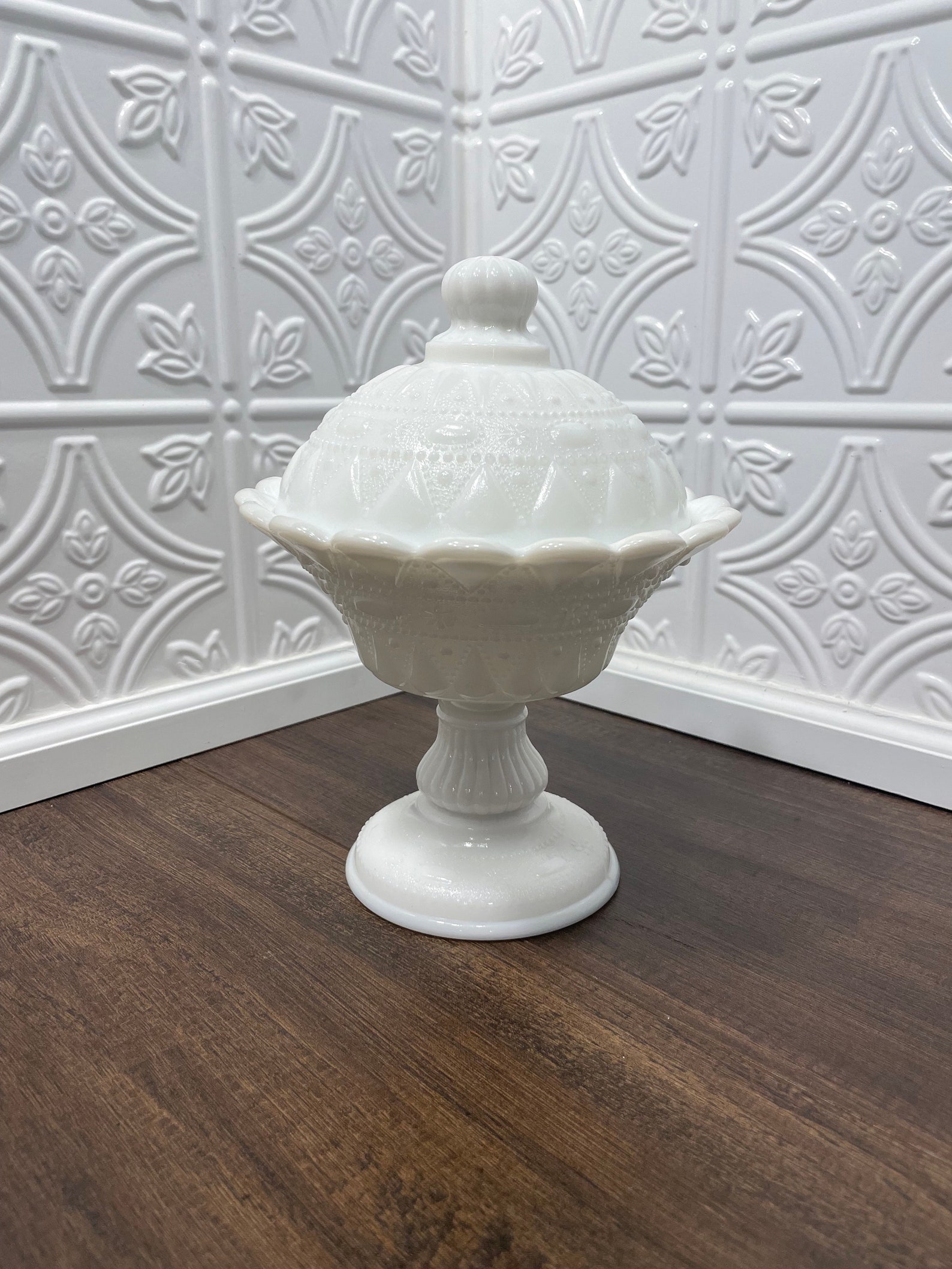 Vintage Kemple Milk Glass Compote With Lid, Lace & Dew Drop Pattern ...