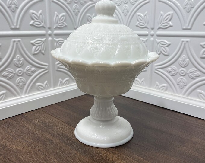 Vintage Kemple Milk Glass Compote With Lid, Lace & Dew Drop Pattern ...