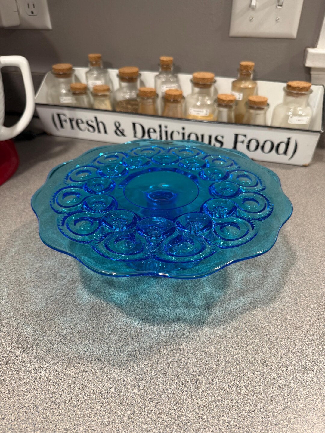 Vintage L.E. Smith Colonial Blue 10.5" Moon & Stars Pedestal Cake Plate ...