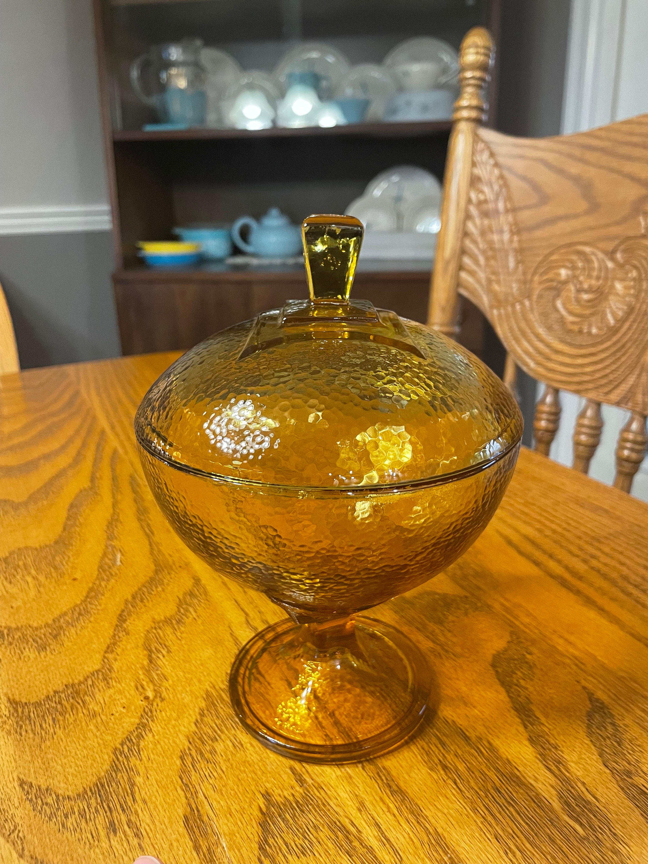 MCM Vintage Golden Amber Pedestal With Pebble Tone Candy Dish With ...