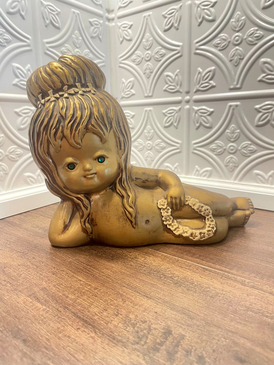 Vintage Hawaiian Cherub Hula Gold Girl Angel With Flowers, "emerald ...