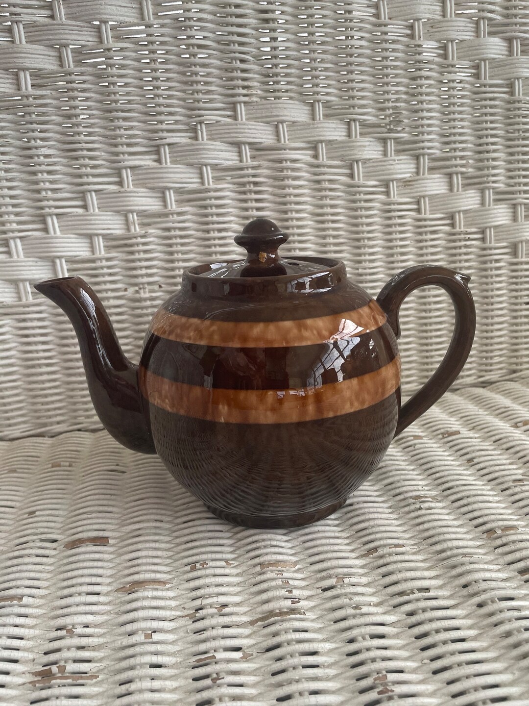 Vintage Brown Tea Pot With Tan Stripes Made in England With Rustic Feel ...