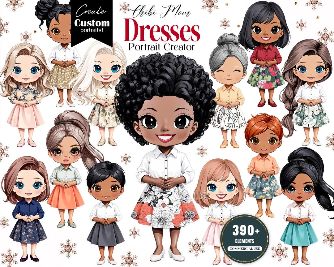 Chibi Mom Clipart, Dresses Portrait Creator, Women PNG Bundle - Etsy