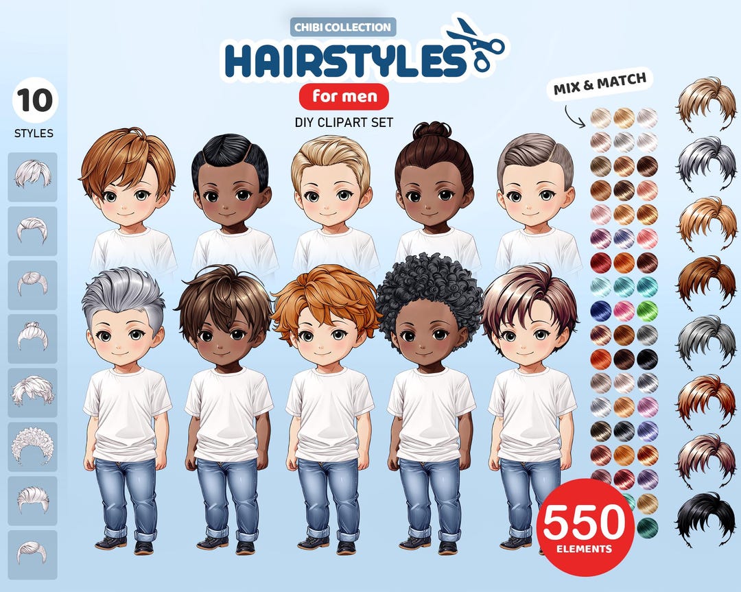 Chibi Men’s Hairstyles Clipart, Doll Creator, Hair PNG, Custom Portrait ...