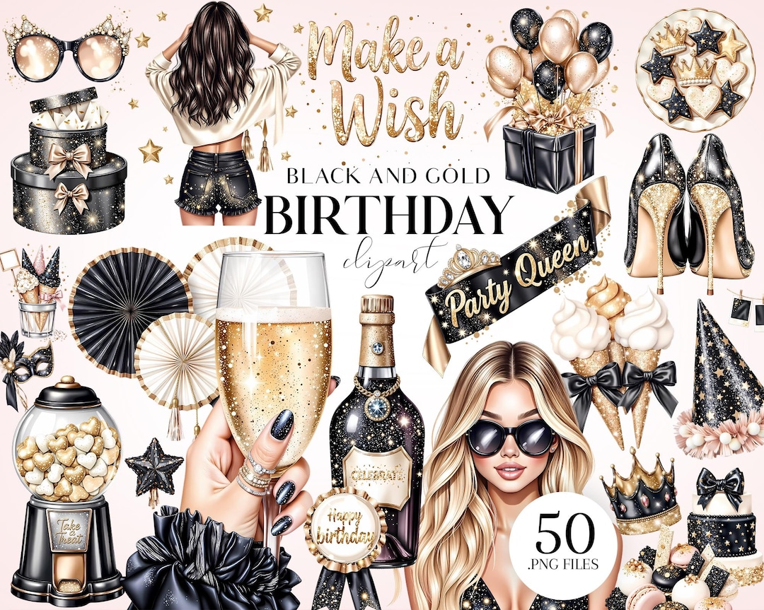 Black and Gold Birthday Clipart – Glam Party Girl Pngs, Luxury ...