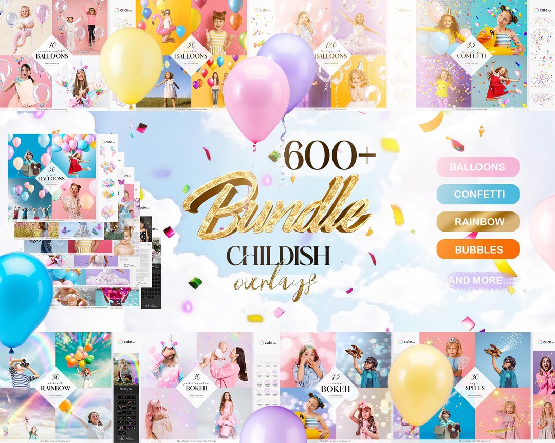 600+ Kids Photo Overlays Bundle, Balloons, Confetti, Bubbles, Rainbows ...