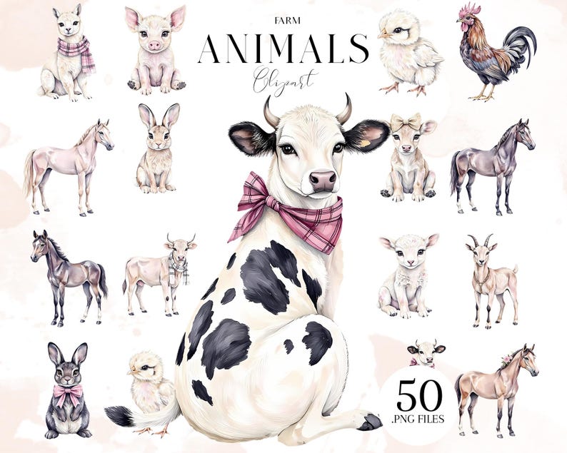 Farm Animals Clipart, Cute Barnyard PNG, Cow Pig Horse Chicken ...