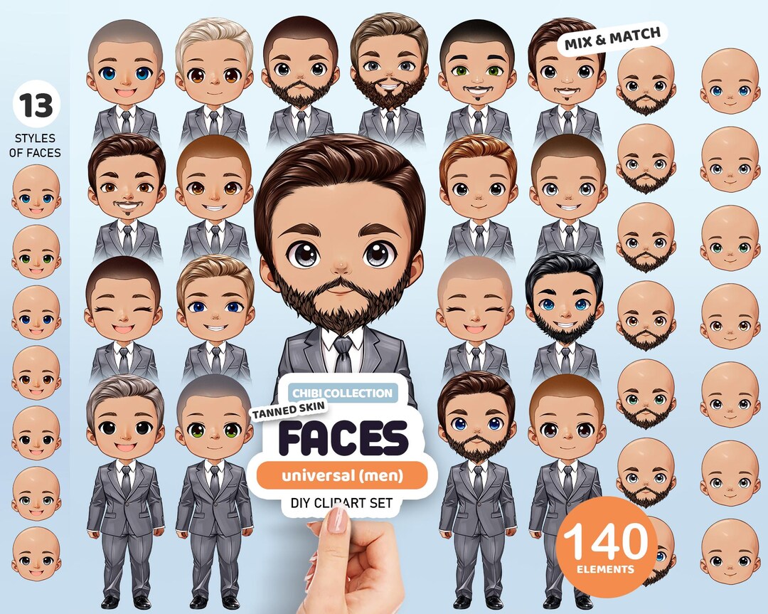 Tanned Male Faces Clipart: Chibi Heads PNG (digital Download) - Etsy