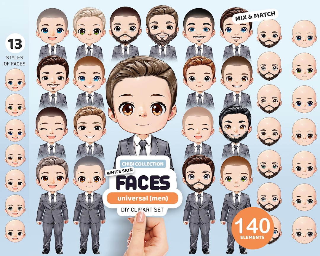 White Male Faces Clipart, Chibi Heads PNG, Custom Men Creator, Anime ...