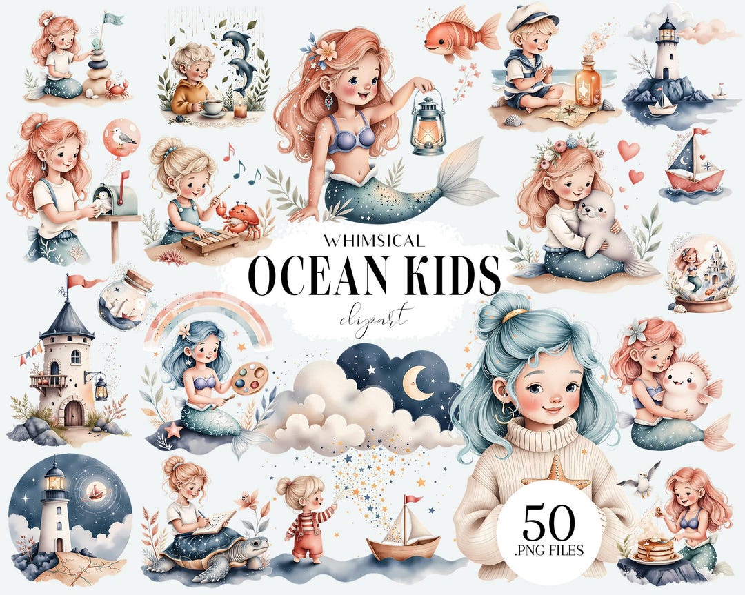 Whimsical Ocean Kids Clipart • Cute Mermaids, Sea Creatures & Coastal ...