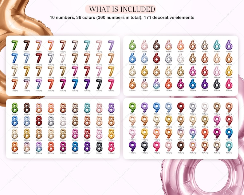 Foil Number Balloons Clipart: Gold, Rose Gold, Silver (PNG Digital ...