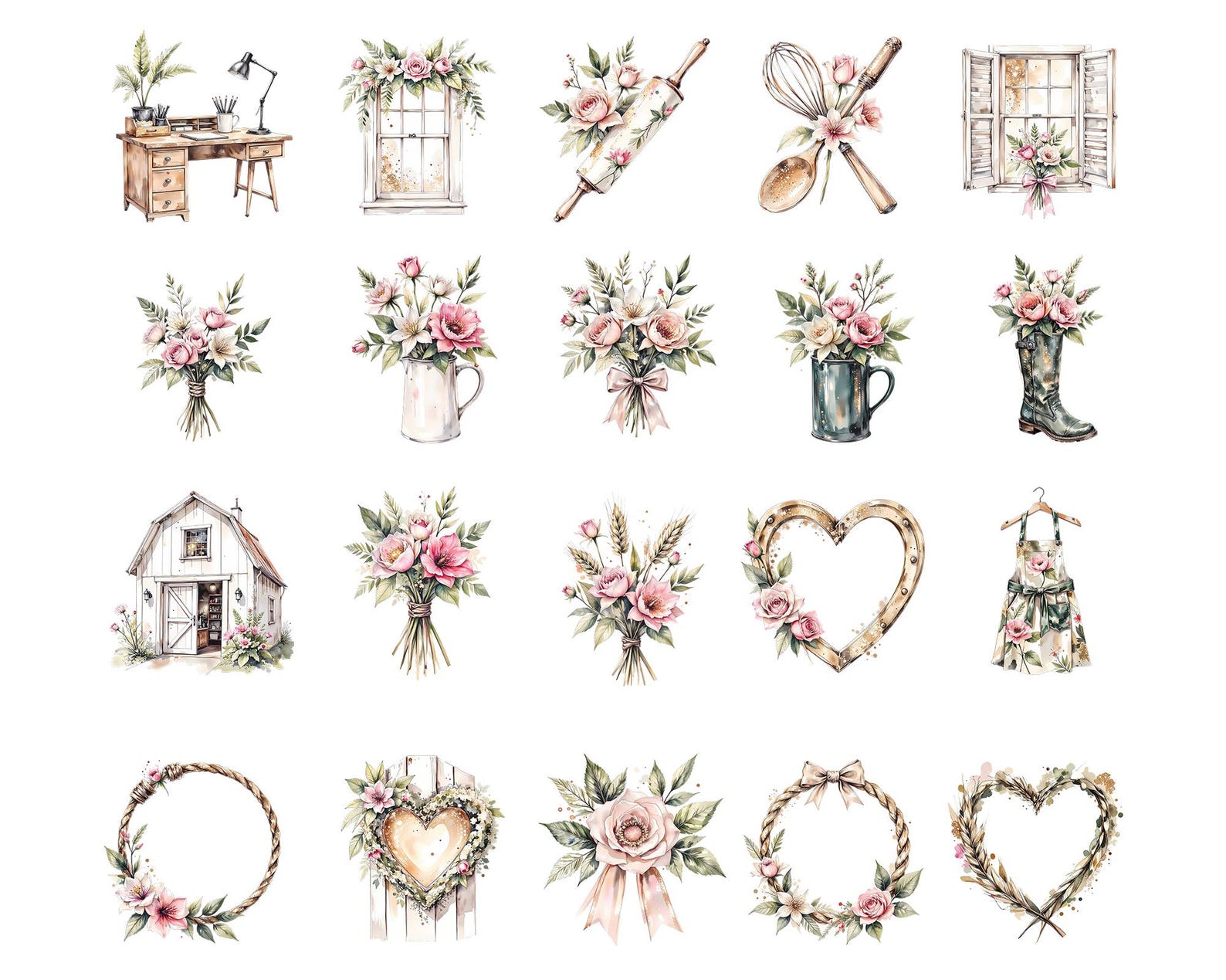 Rustic Farmhouse Clipart Set, Country Cottage PNG Illustrations ...