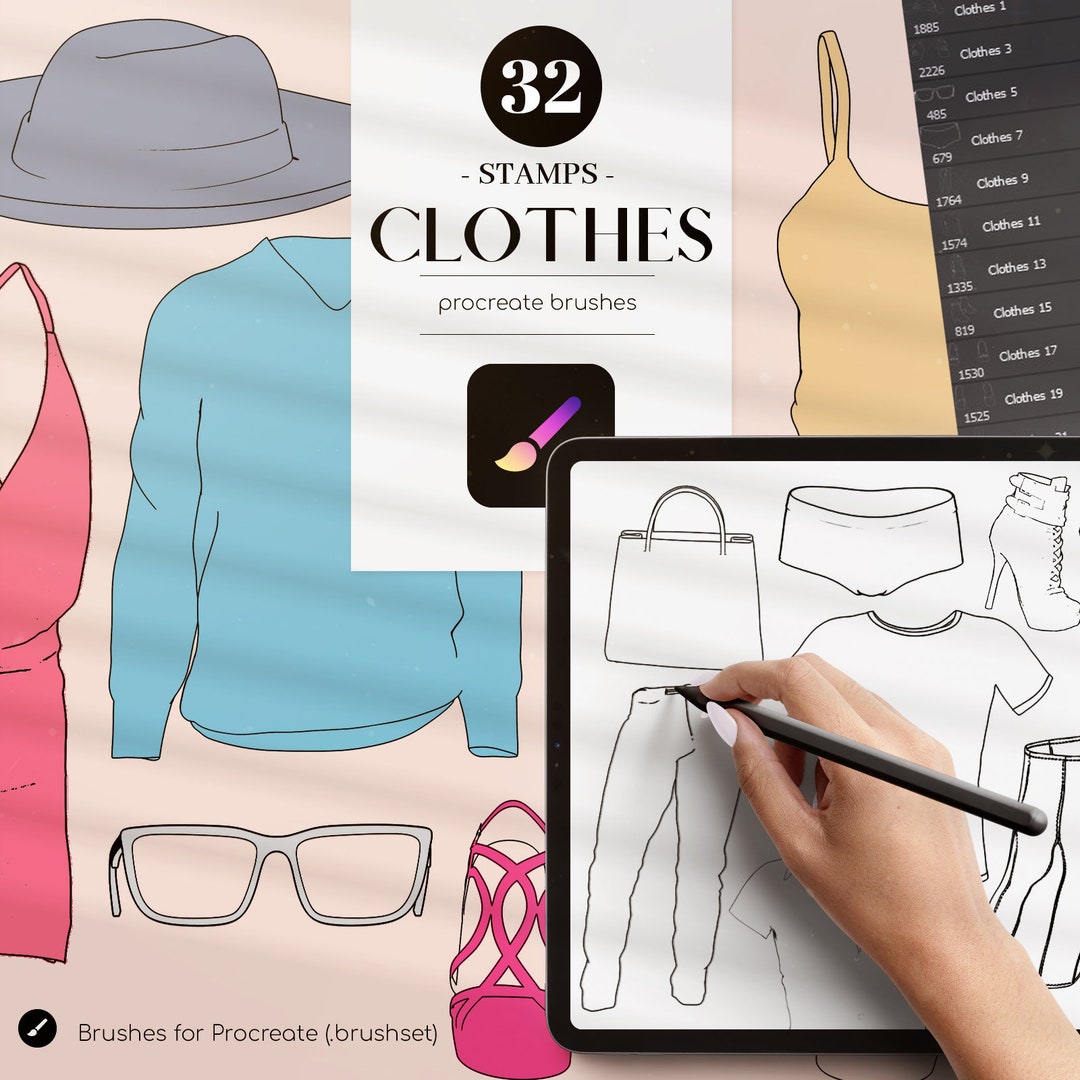 32 Clothes Procreate Brushes Stamps, Line Art .brushset, Shirts, Skirts ...