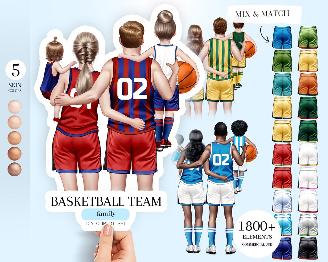 Basketball Team Family Clipart Set, Over 1800 Elements, 5 Skin Colors ...