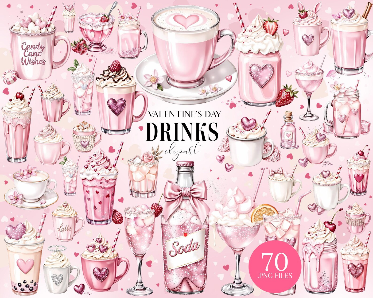 Valentine’s Day Drinks Clipart Set, Pink Love Drink PNG, Romantic ...