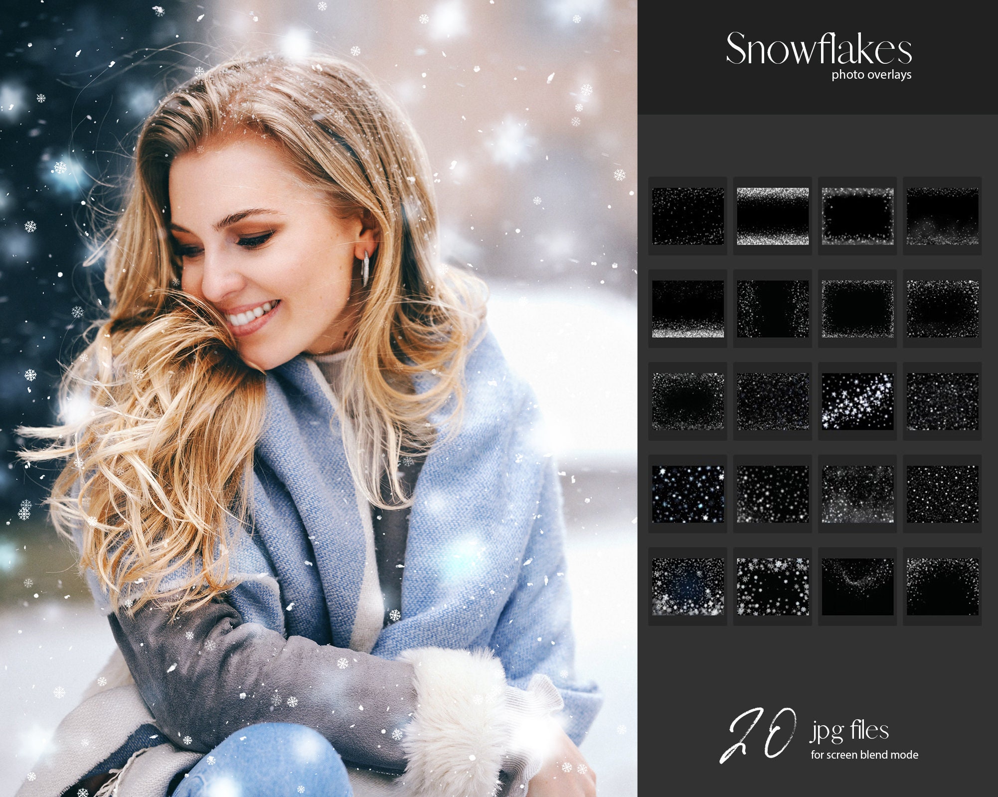Snowflakes Photo Overlays, 20 JPG Files, Snow Photo Effects, Winter ...