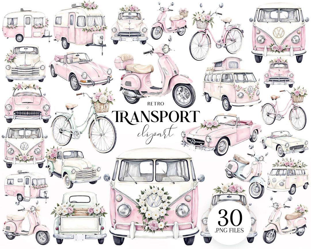 Retro Transport Clipart Set – Vintage Cars, Scooters & Bicycle Pngs ...