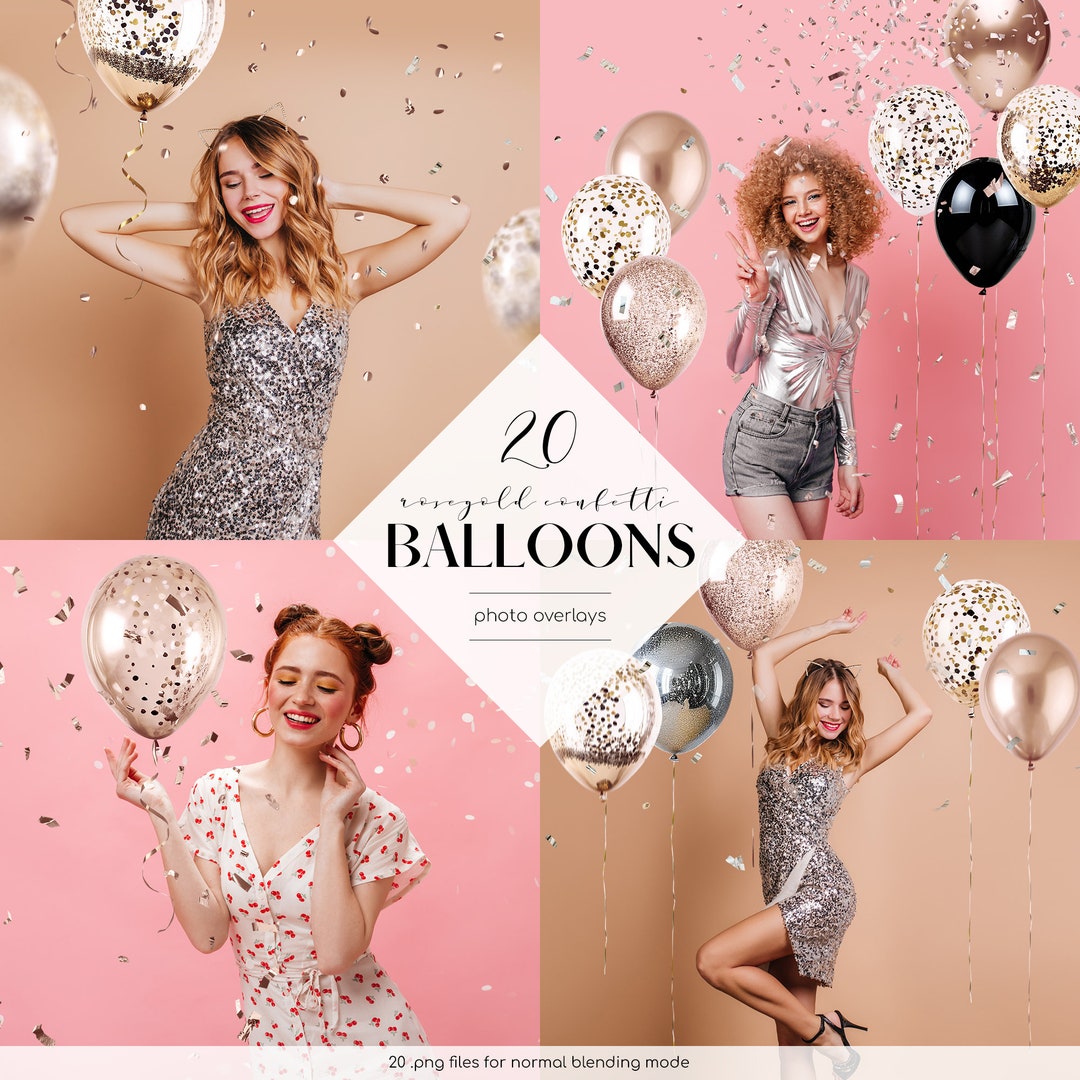 Rose Gold Balloons and Confetti Overlays, Birthday Overlays, 20 PNG ...