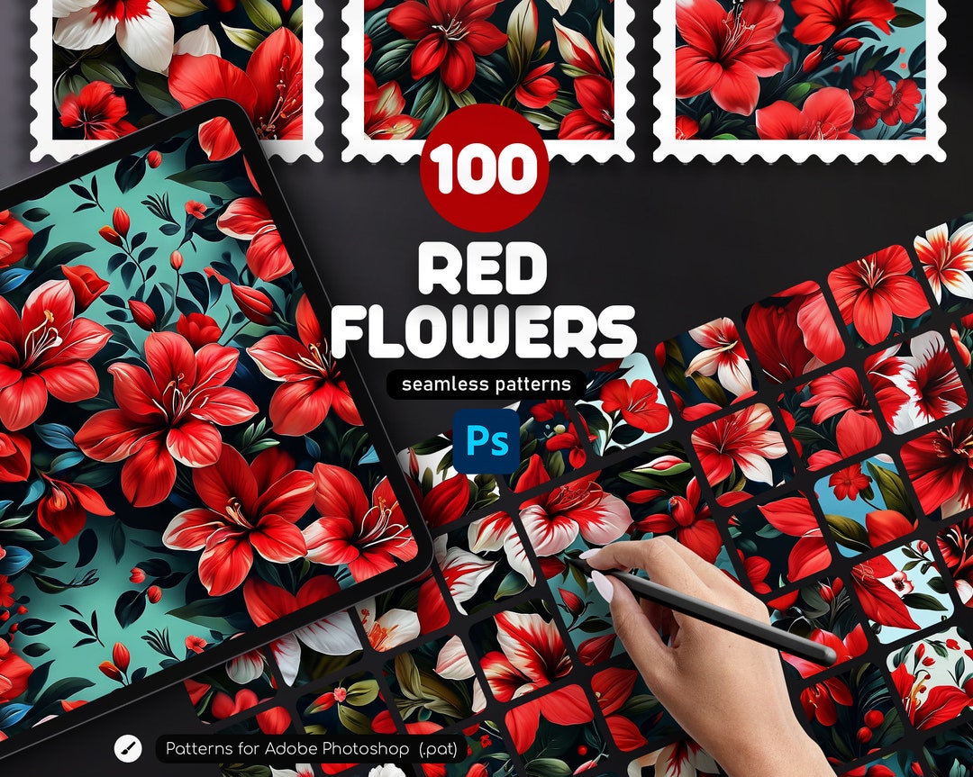 100 Red Flowers Photoshop Patterns .PAT, Red Flowers Patterns for ...