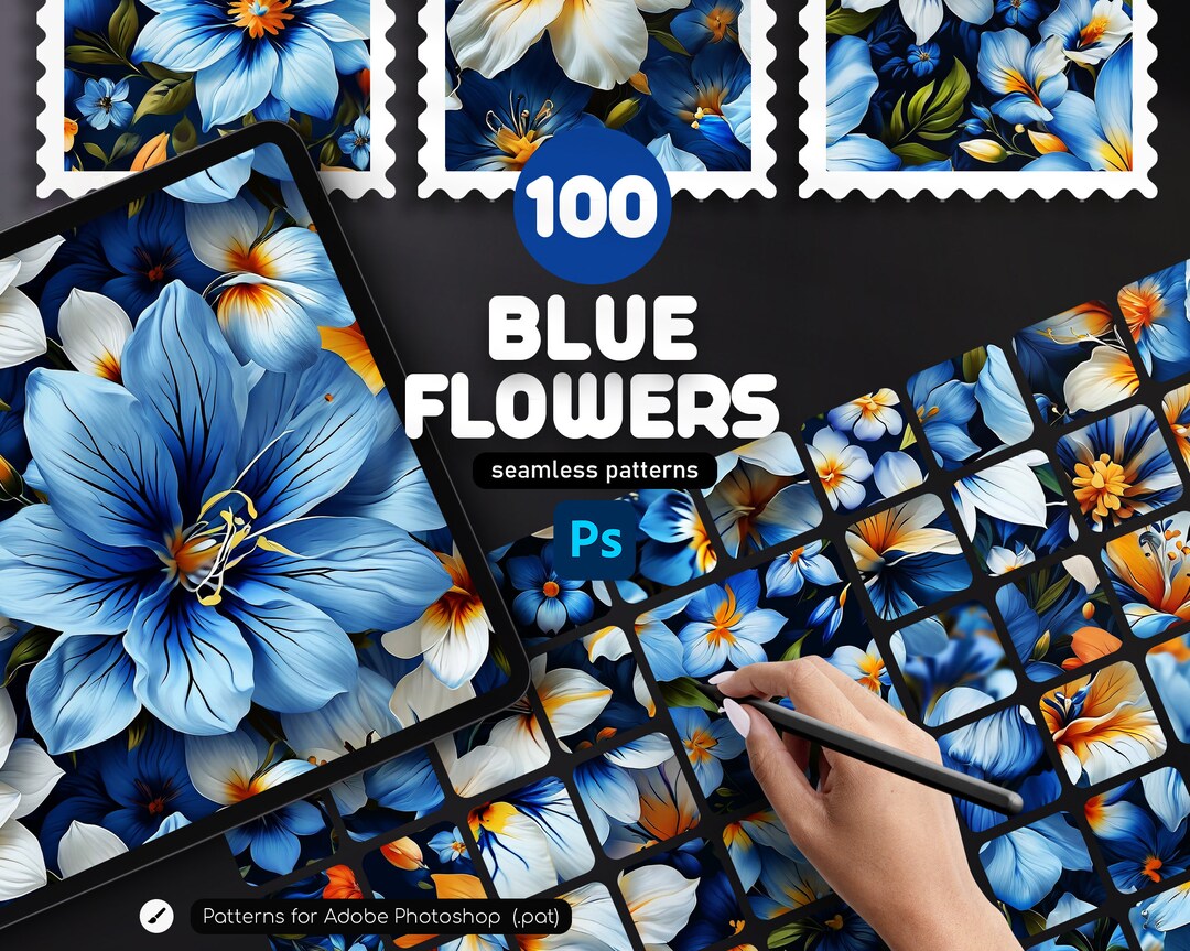 100 Blue Flowers Photoshop Patterns .PAT, Blue Flowers Patterns for ...