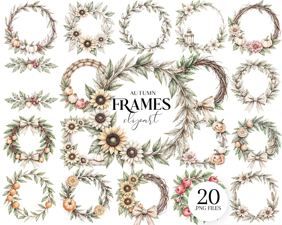 Autumn Frames Clipart, 20 PNG Fall Wreath and Frame Illustrations With ...