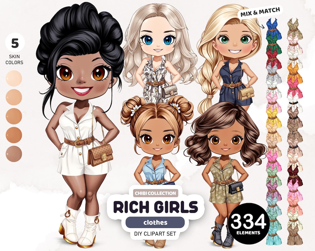 Chibi Rich Girls Clipart, Luxury Besties Custom Portrait, Chibi Dolls ...