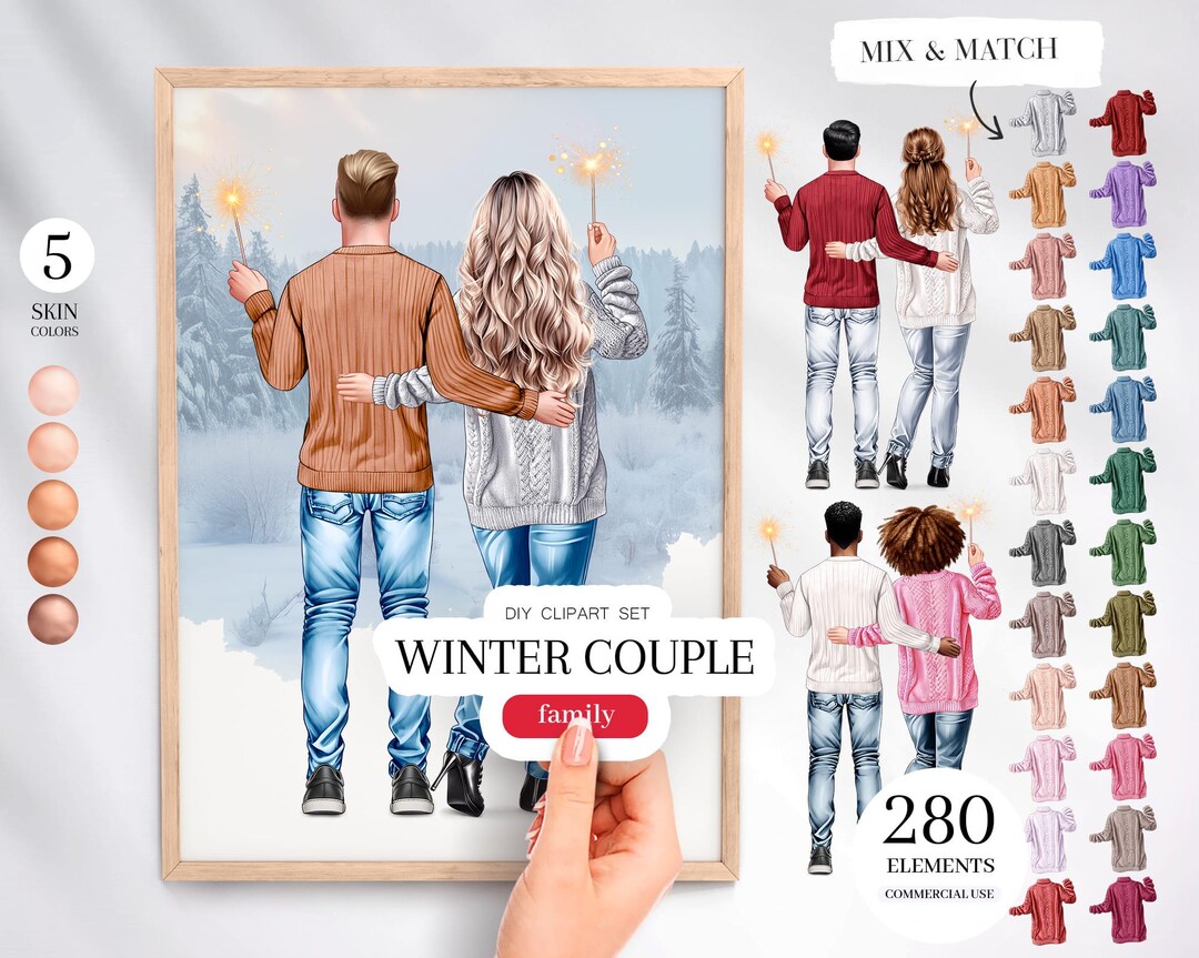 Winter Couple Clipart, Custom Love Pair, Love Couple Portraits, Men and ...
