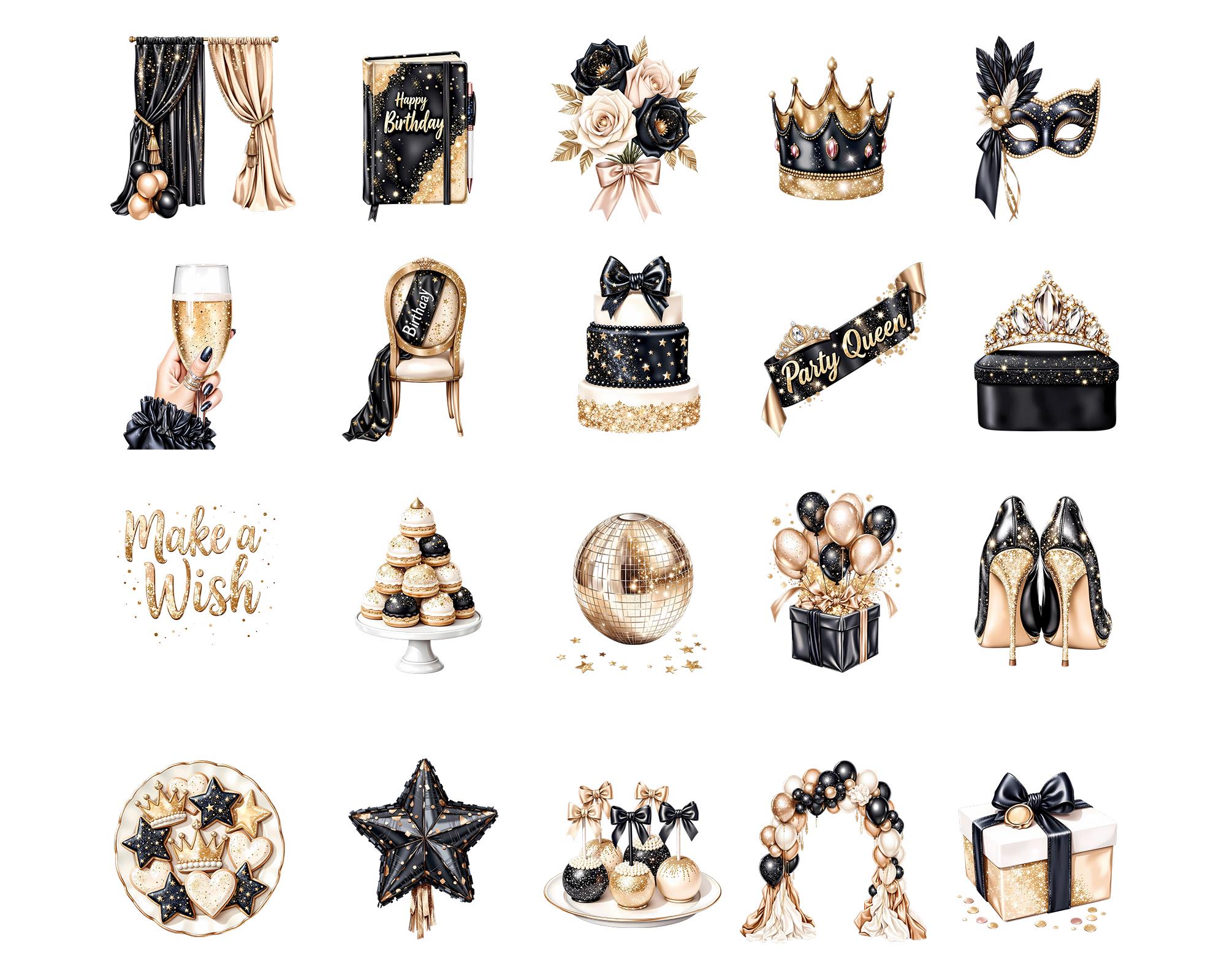 Black and Gold Birthday Clipart – Glam Party Girl Pngs, Luxury ...